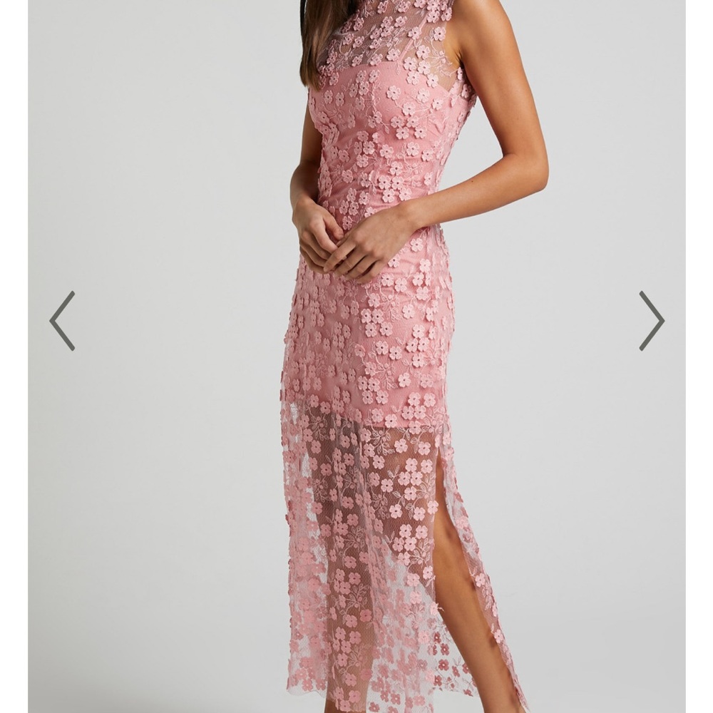 Light Pink, Mesh Floral Appliqu Overlay Midi Dress - Gem